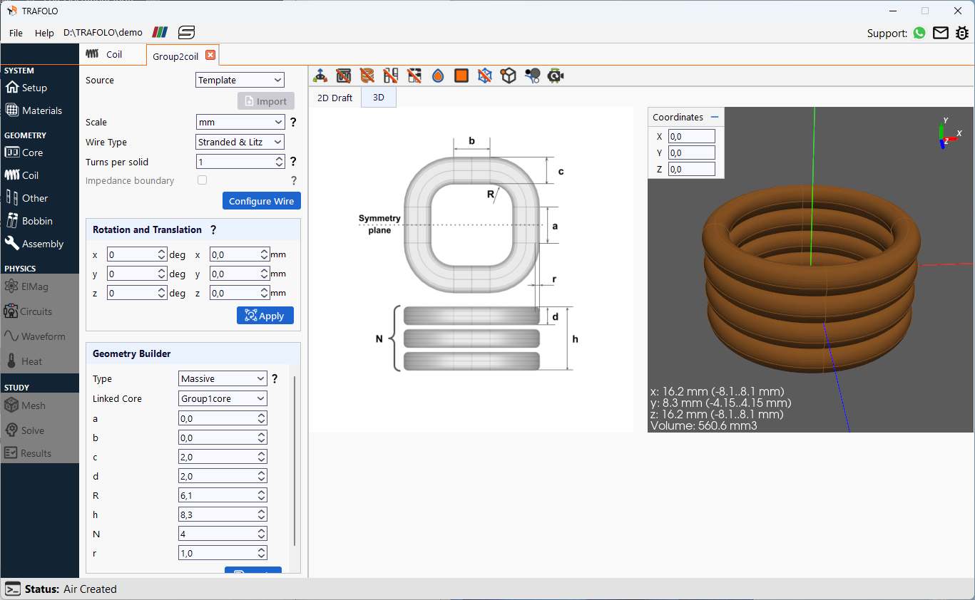 Coil – TRAFOLO simulation software