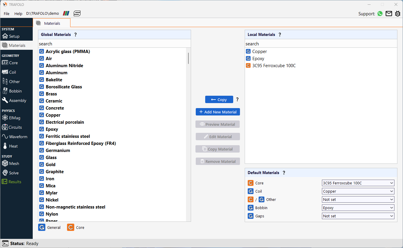 Materials – TRAFOLO simulation software